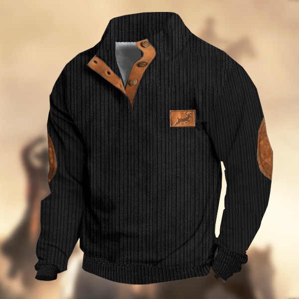 Men's Western Retro Hunting Elk Knit Fabric Print Stand Collar Sweatshirt