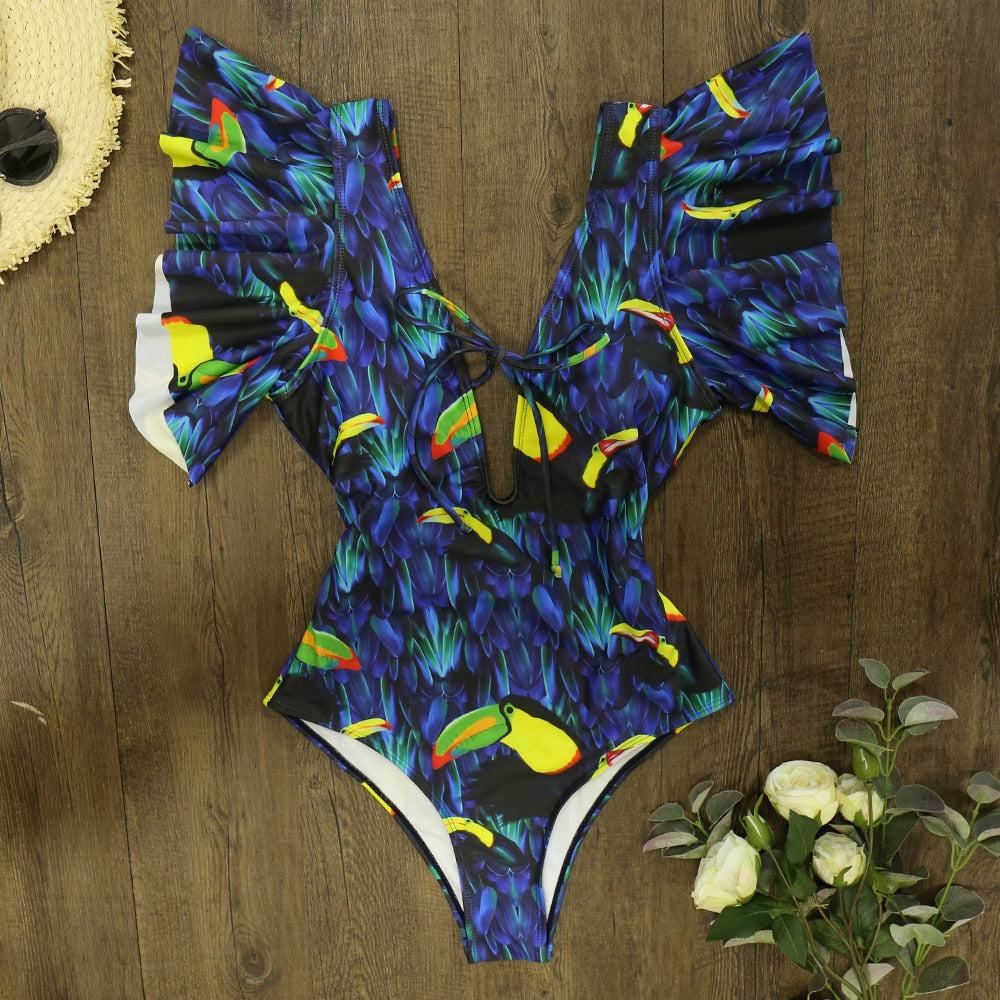 2020 New Ruffle One Piece Swimsuit Off The Shoulder Swimwear Women Deep ...
