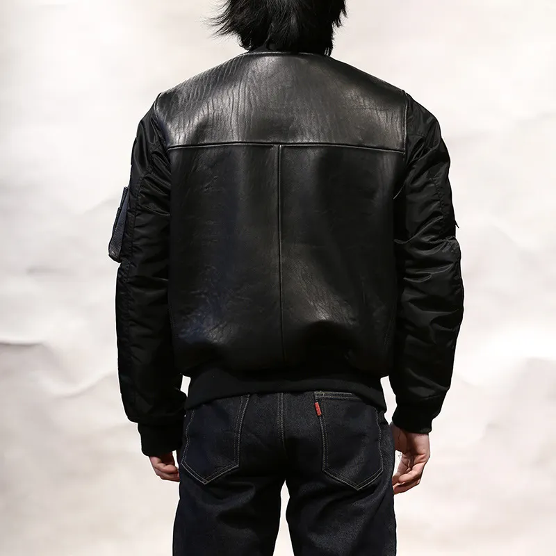 MA-1 Genuine Leather Baseball Jacket for Men - Stand Collar, Sheepskin ...