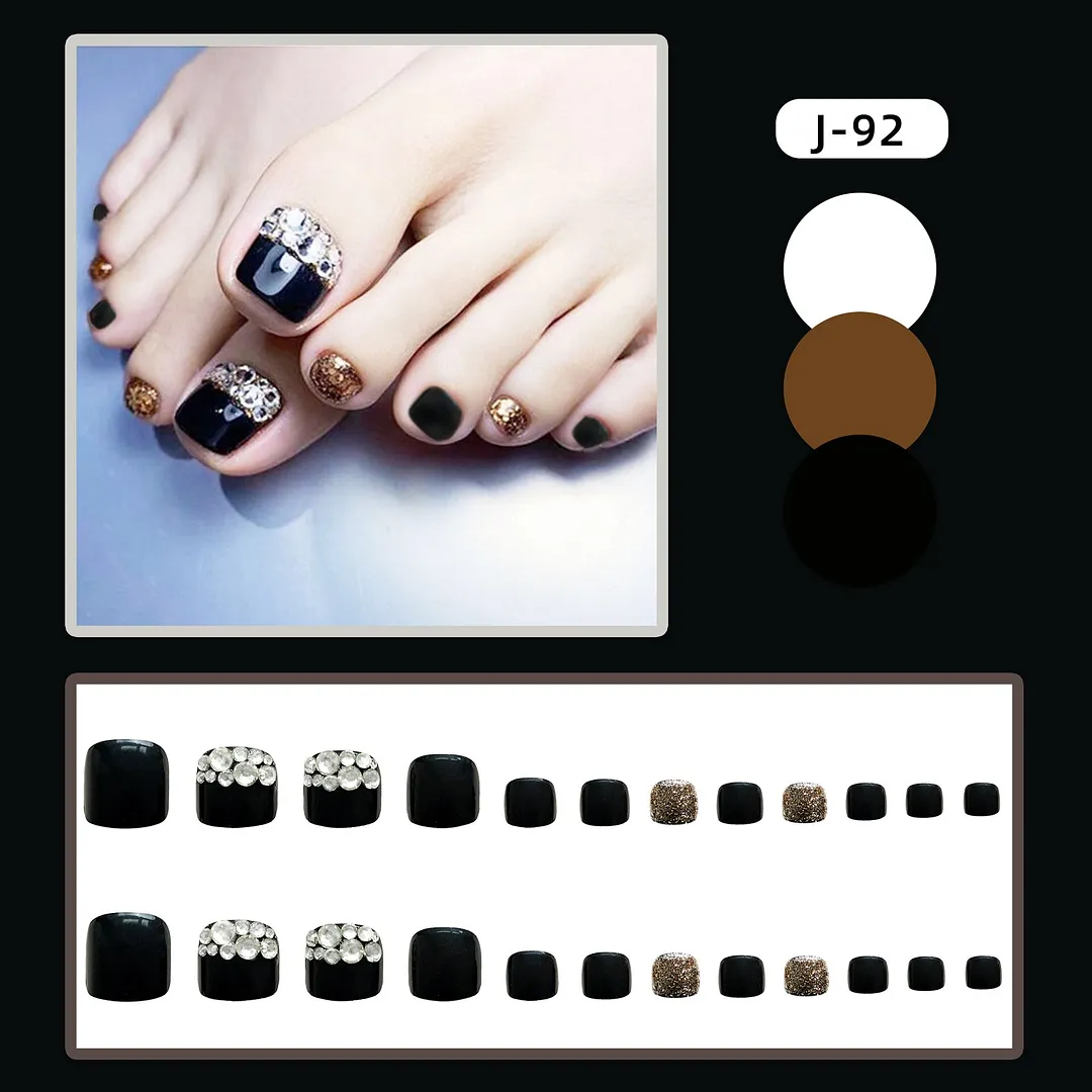 Churchf Fake Toenails With Glue Glamour Black Full Diamond Glitter ...
