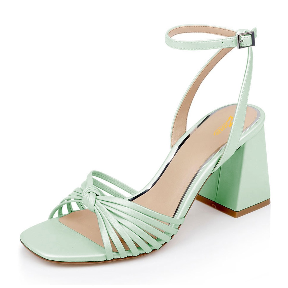 Mint Green Vegan Leather Open Square Toe knot Strap Heels Sandals