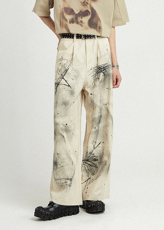 FineGina Fitted White Print High Waist Sashes Straight Pants Fall