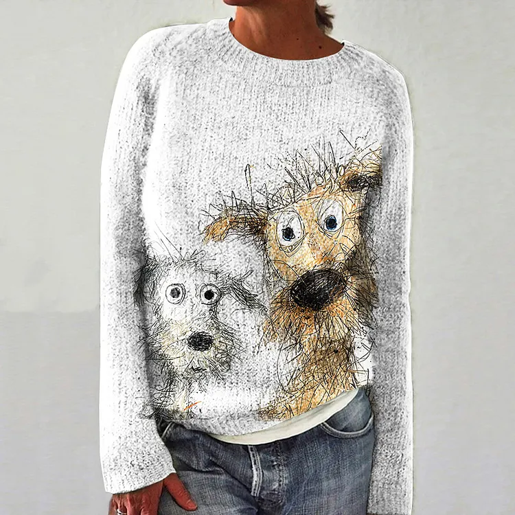 Vintage Sketch Cute Dogs Panttern Cozy Sweater
