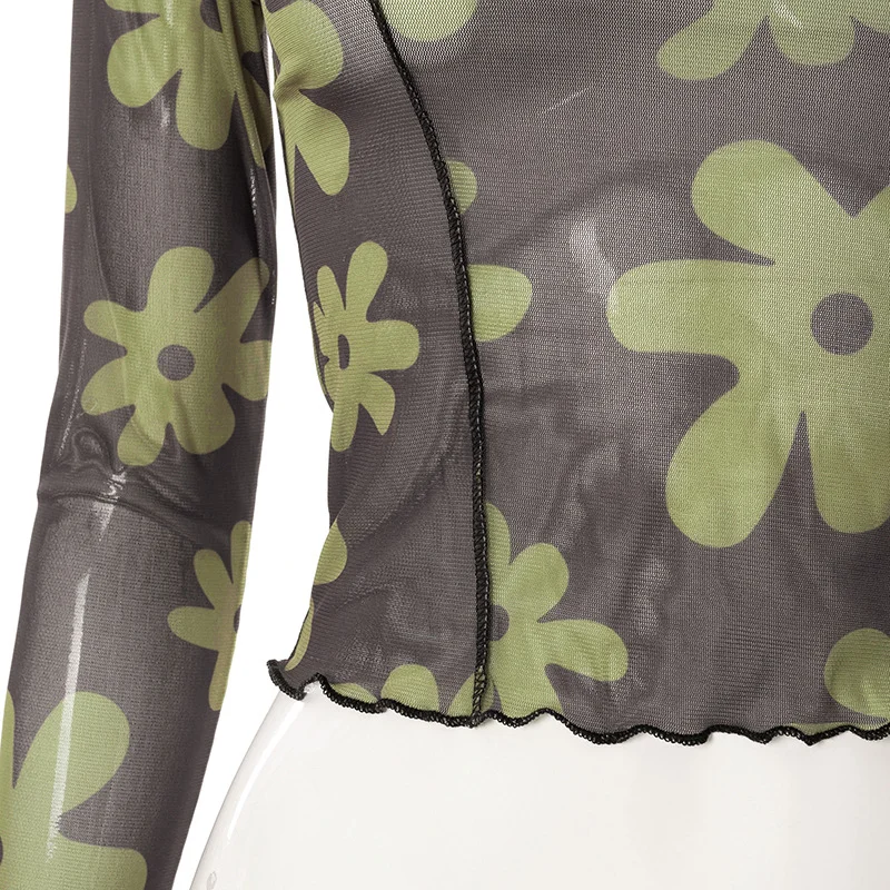 BLACK YELLOW FLORAL LONG SLEEVE MESH TOP