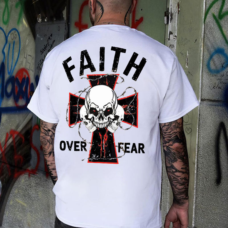 FAITH OVER FEAR Skull White Print T-Shirt
