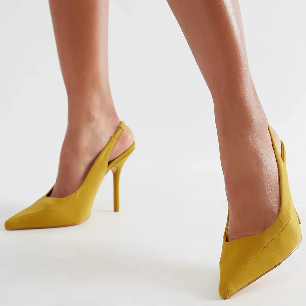 Yellow Pointed Toe Stiletto High Heel Slip On Slingback Pumps