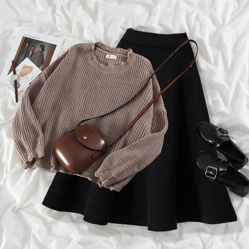 Uveng Winter Suits New Plus Size Women Knit Sweater Plaid Skirt Two ...