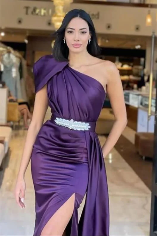 Dark Purple One Shoulder Mermaid Long Ruffles Prom Dress With Belt ...