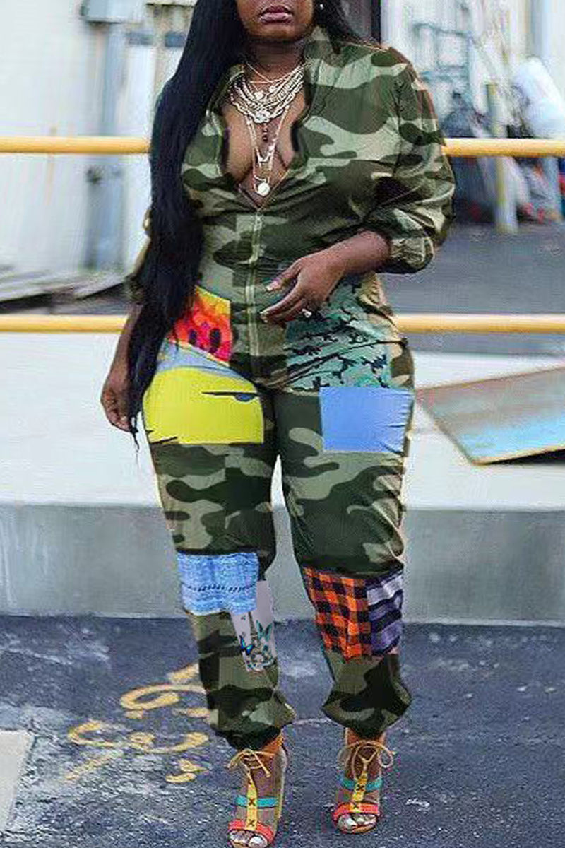 Sexy Patchwork Colorblock Printing O Neck Jumpsuits