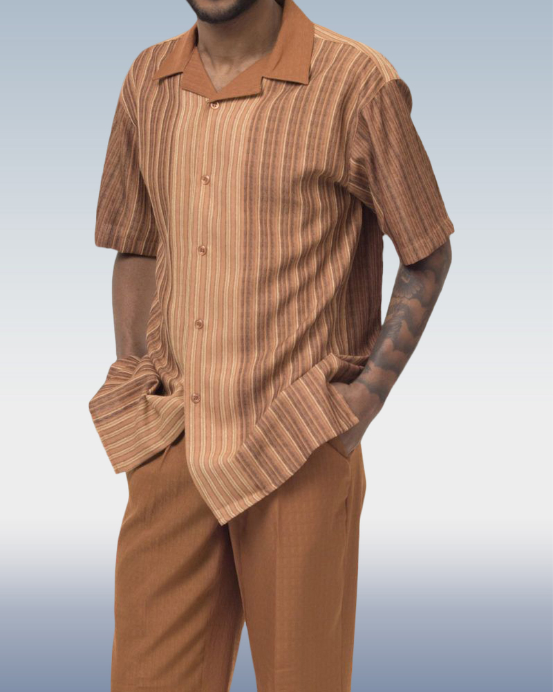Vertical Striped Walking Wear 2 Piece Short Sleeve Set