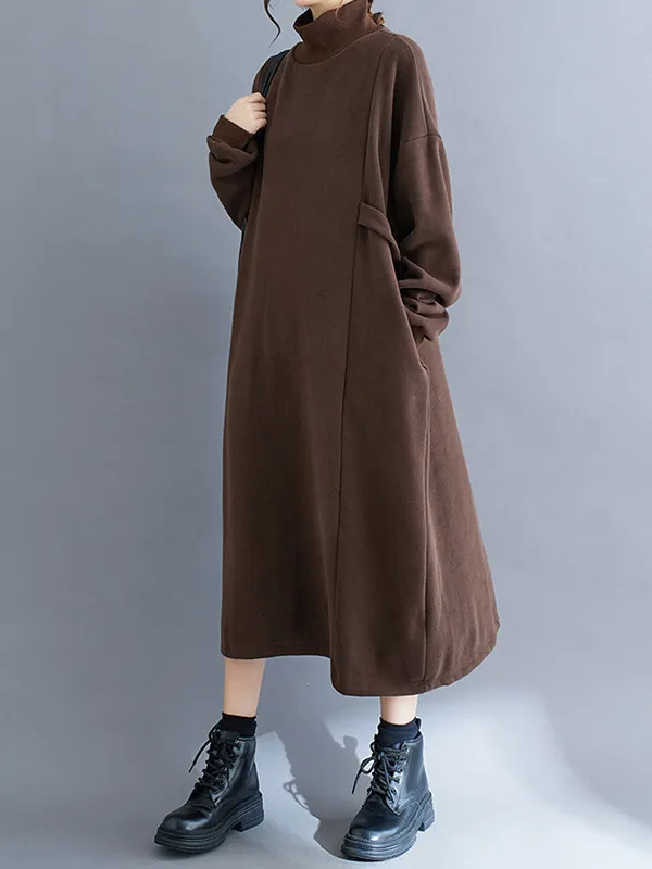 Chic A-Line Midi Dress: Long Sleeves, Solid Color, Mock Neck Design
