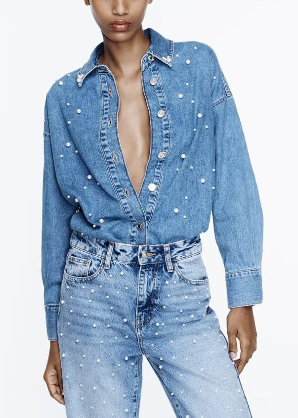 Loose Blue Peter Pan Collar Pearl Denim Shirt Fall