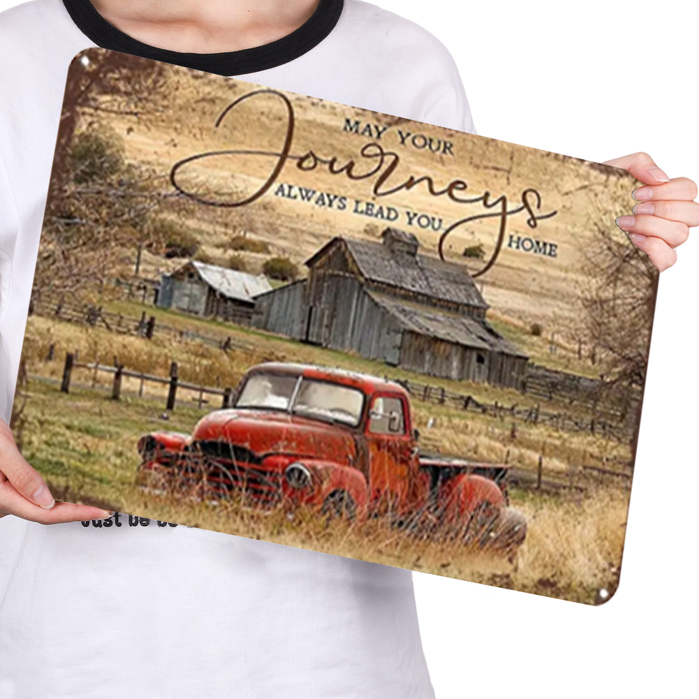 [Big Size]Red Truck And Vintage Barn - Metal Tin Signs(12*16Inch) - Garage