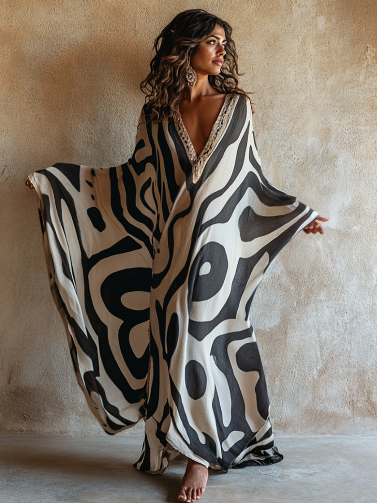 Women's Paintbrush Symphony Art Black And White Linen V-Neck Long Gown