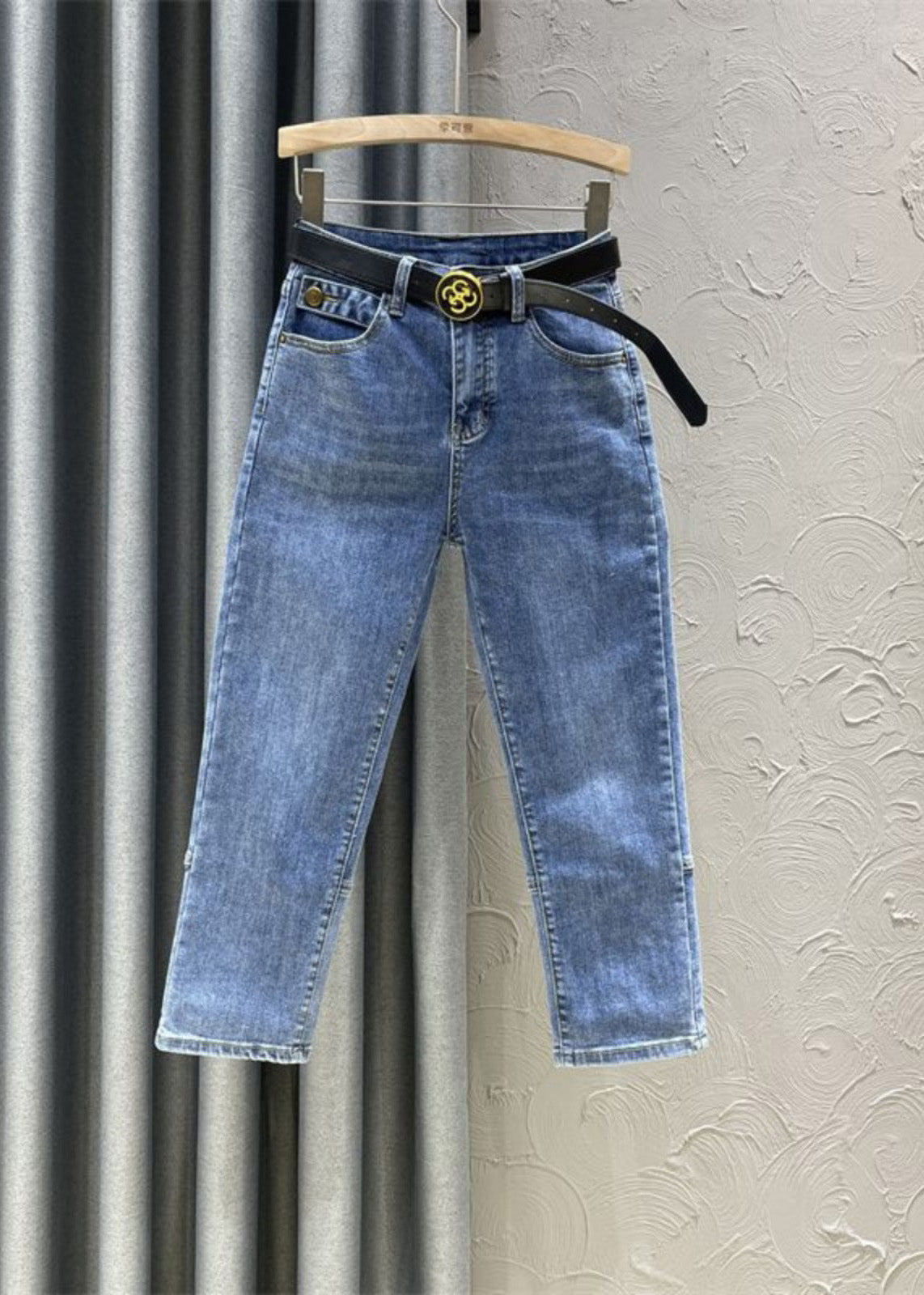 FineGina DIY Denim Blue High Waist Sashes Crop Pants Summer