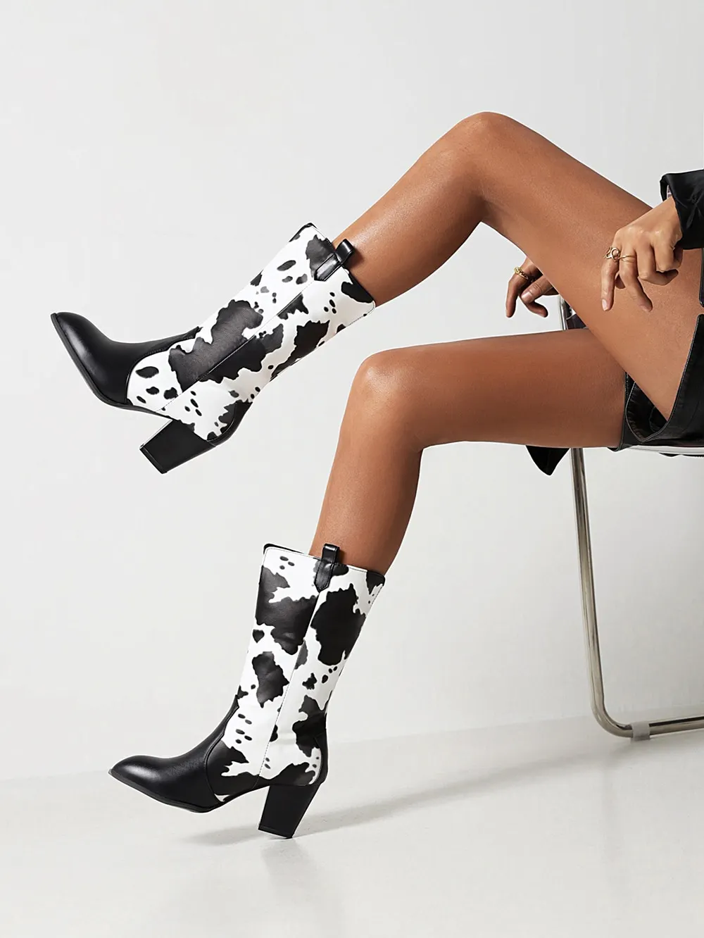 Wongn Cow Pattern Pointed Toe Thick Heel Mid-Pipe Boots Plush Lining ...