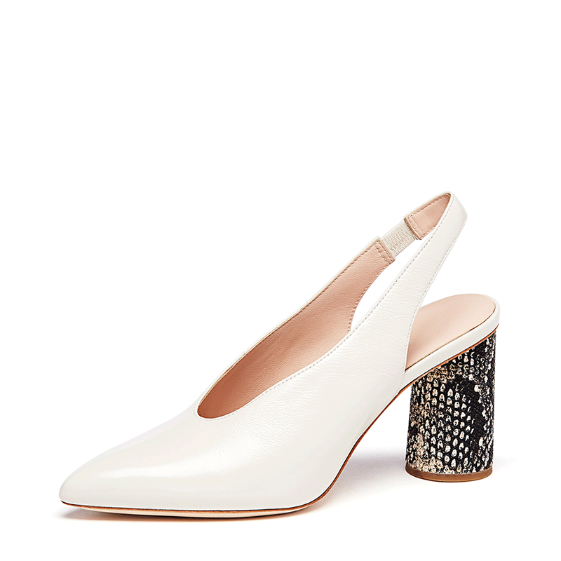TAAFO White Slingback Shoes Python Block Heel Pumps