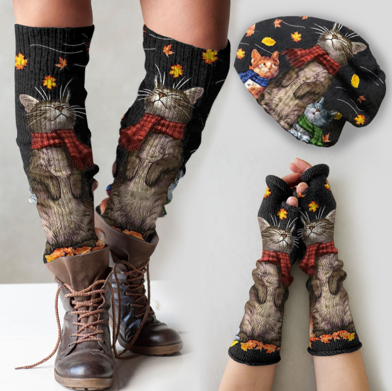 (Ship within 24 hours)Vintage cat print knitted hat +leg warmers ...