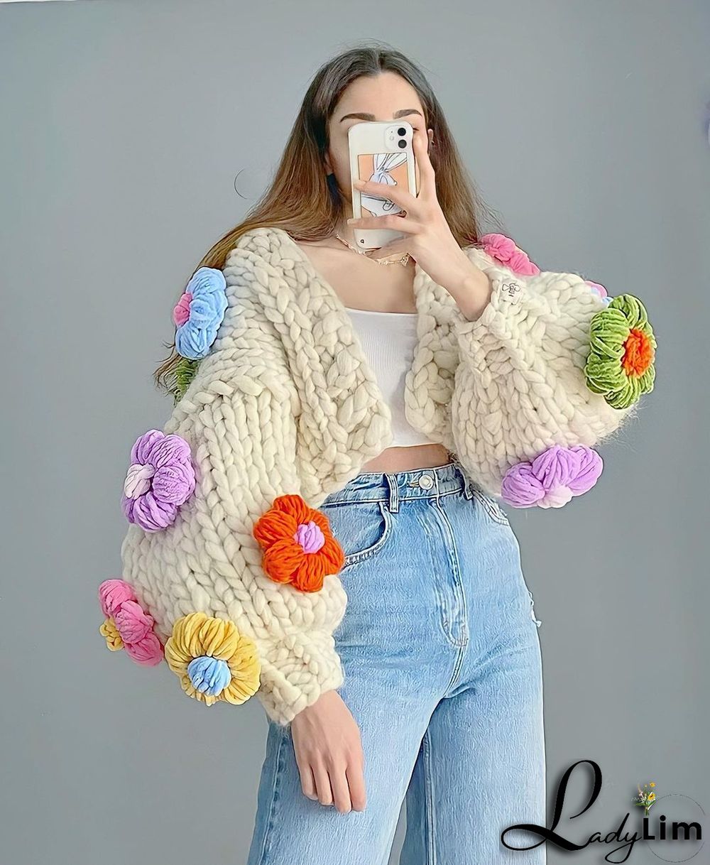 Handmade Pink Daisy Knit Fluffy Flowers Cardigan - Ladylim