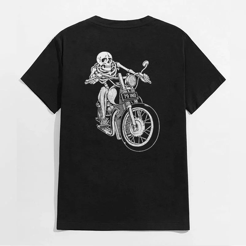 Skull Riding Motorcycle Graphic Casual Black Print T-shirt