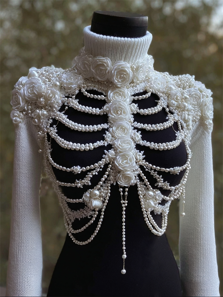 Vintage Roses Skeleton Pearls Beaded Contrast Turtleneck Sweater