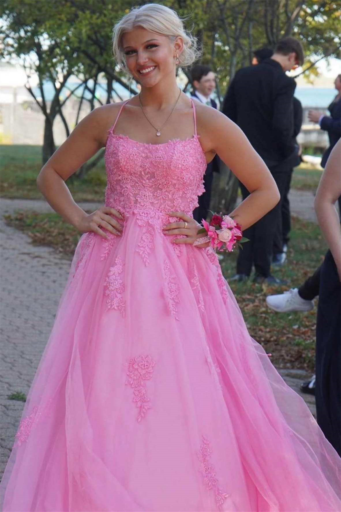 Miabel Beautiful Slit Pink Tulle Spaghetti Strap Backless Ball Gown ...