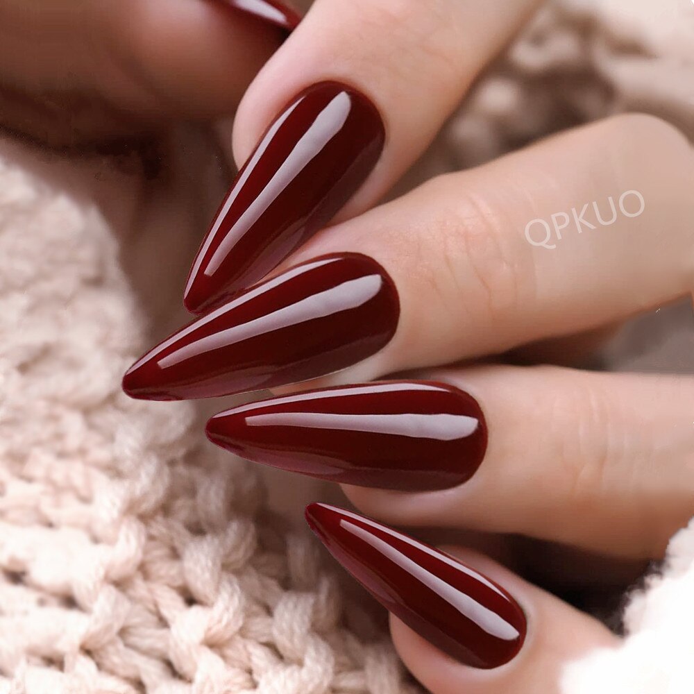 Churchf Shiny Dark Brown Long Stiletto Fake Nail With Jelly Glue DIY ...