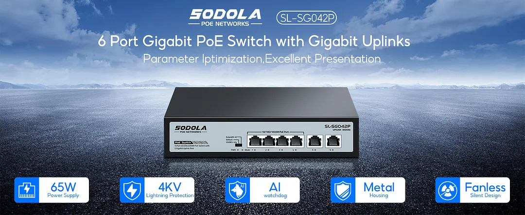 SODOLA 6 Port Gigabit PoE Switch|4 PoE 65W,Gigabit Ethernet Unmanaged ...