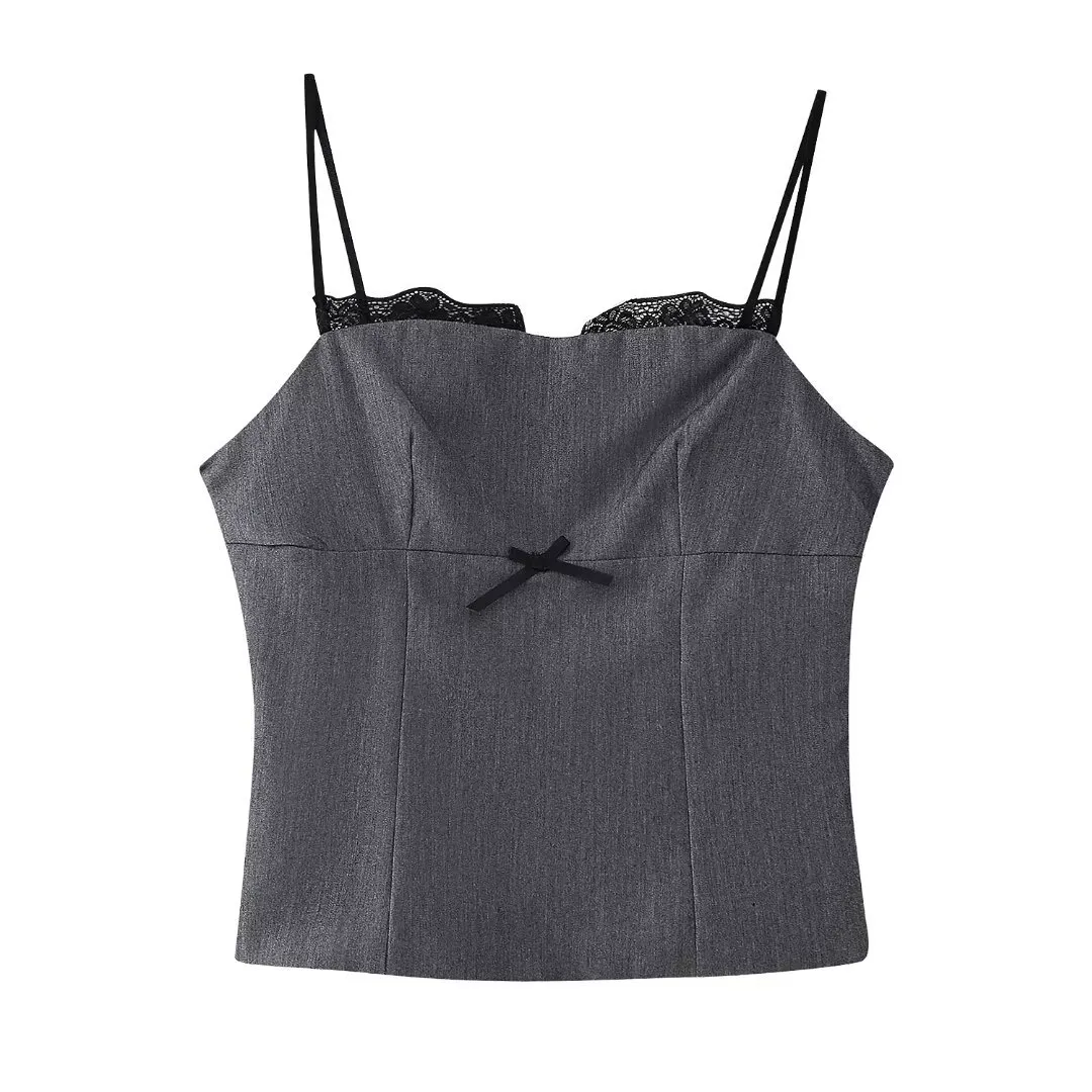 Woherb New Spring Style Satin Lace Splice Halter Top 3067132