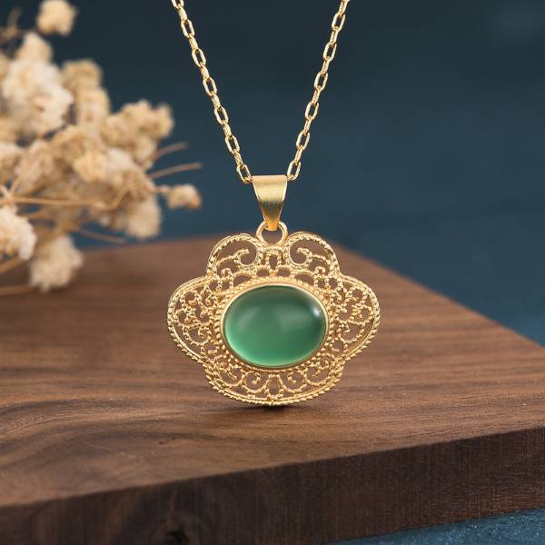 Natural Jade Ancient Gold Ruyi Peace Lock Pendant Necklace