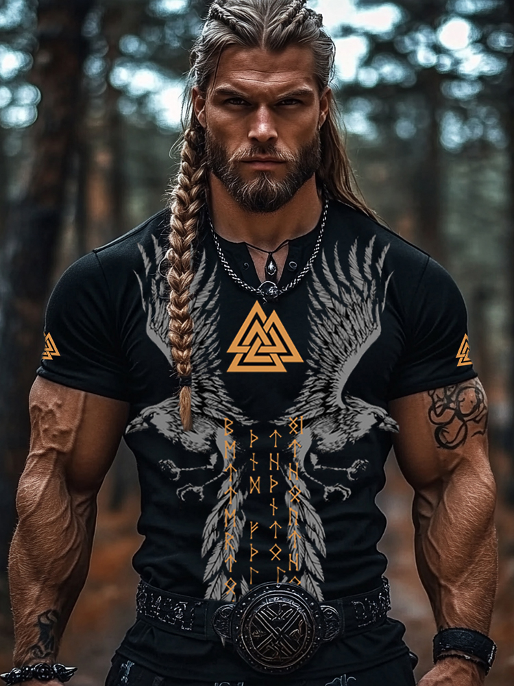 Comstylish Men's Retro Viking Rune Eagle Print Short Sleeve Button T-shirt