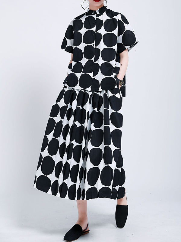 Stylish Black Mock Neck Buttoned Pockets Polka-Dot Shirt & High Waist ...
