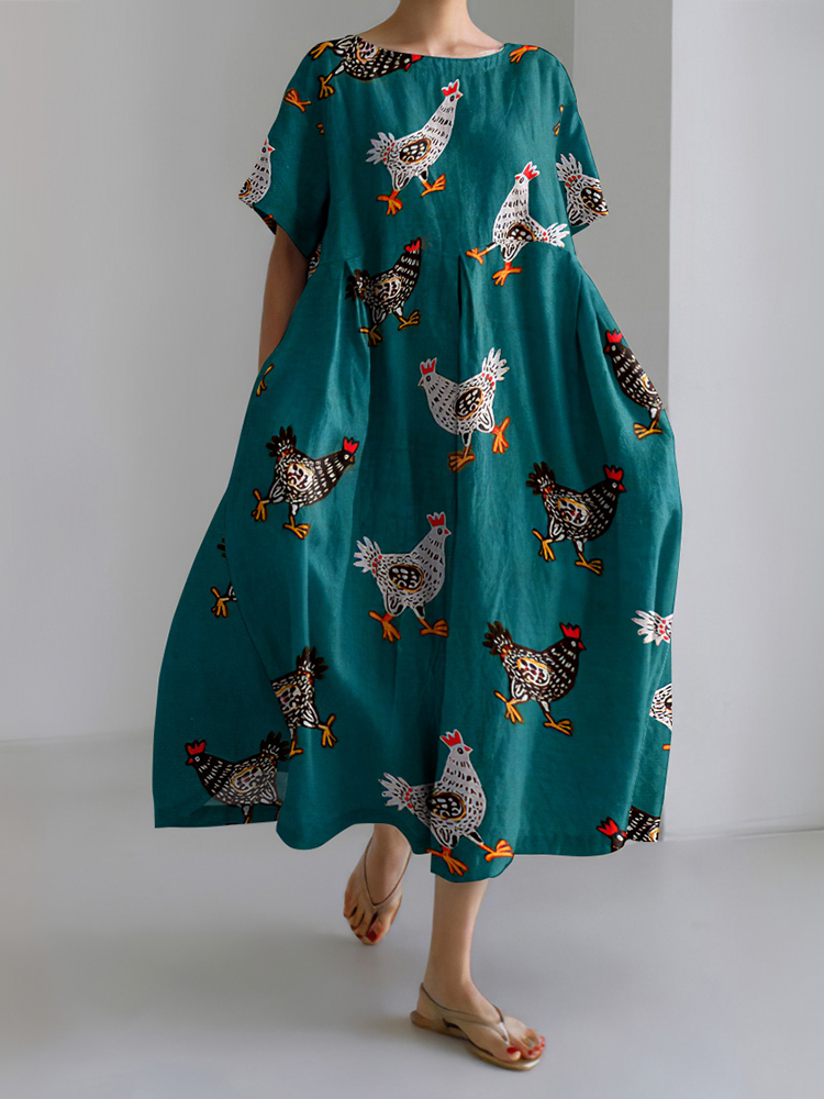 Rooster Print Round Neck Loose Midi Dress
