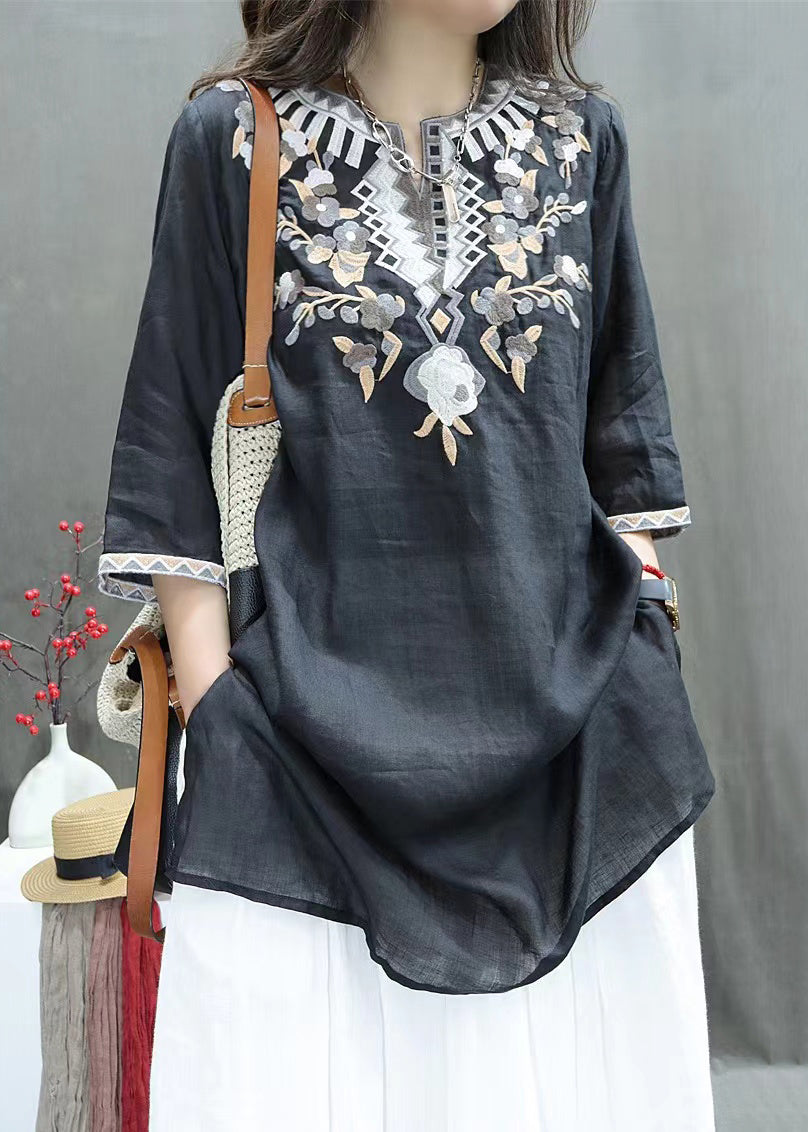 New Black Embroidered Side Open Linen Shirts Half Sleeve