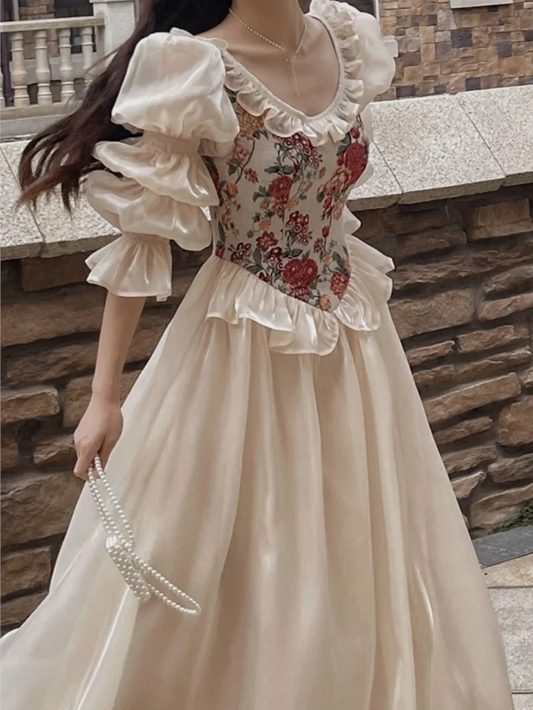 French Vintage Midi Dress Women Floral Patchwork Puff Sleeve Ruffles A ...
