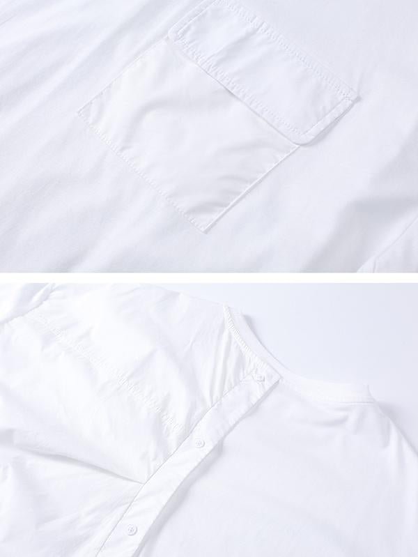 Simple Loose Solid Pocket Back-Button T-Shirt