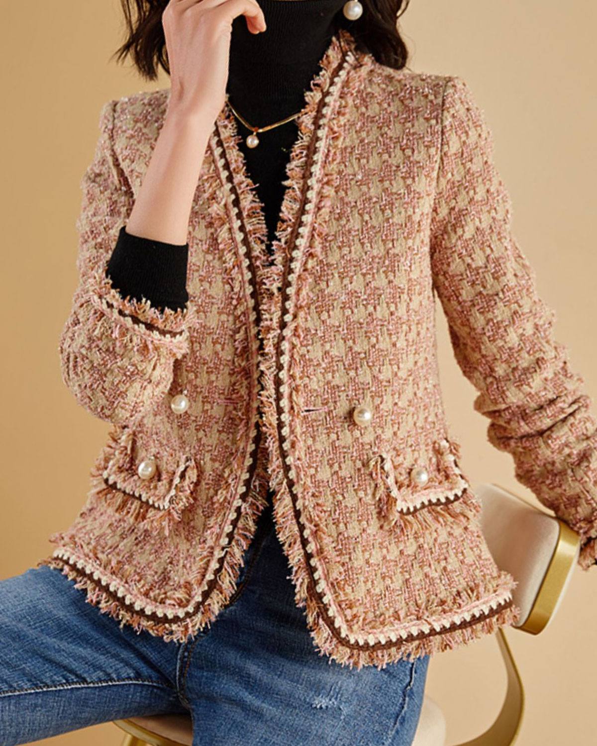 Elegant Tweed Pearl Button Jacket