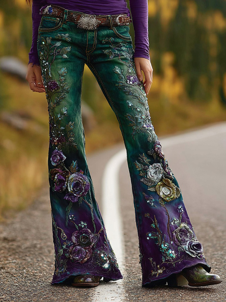 Women's Floral Embroidered Gradient Pattern Straight Flare Denim Pants