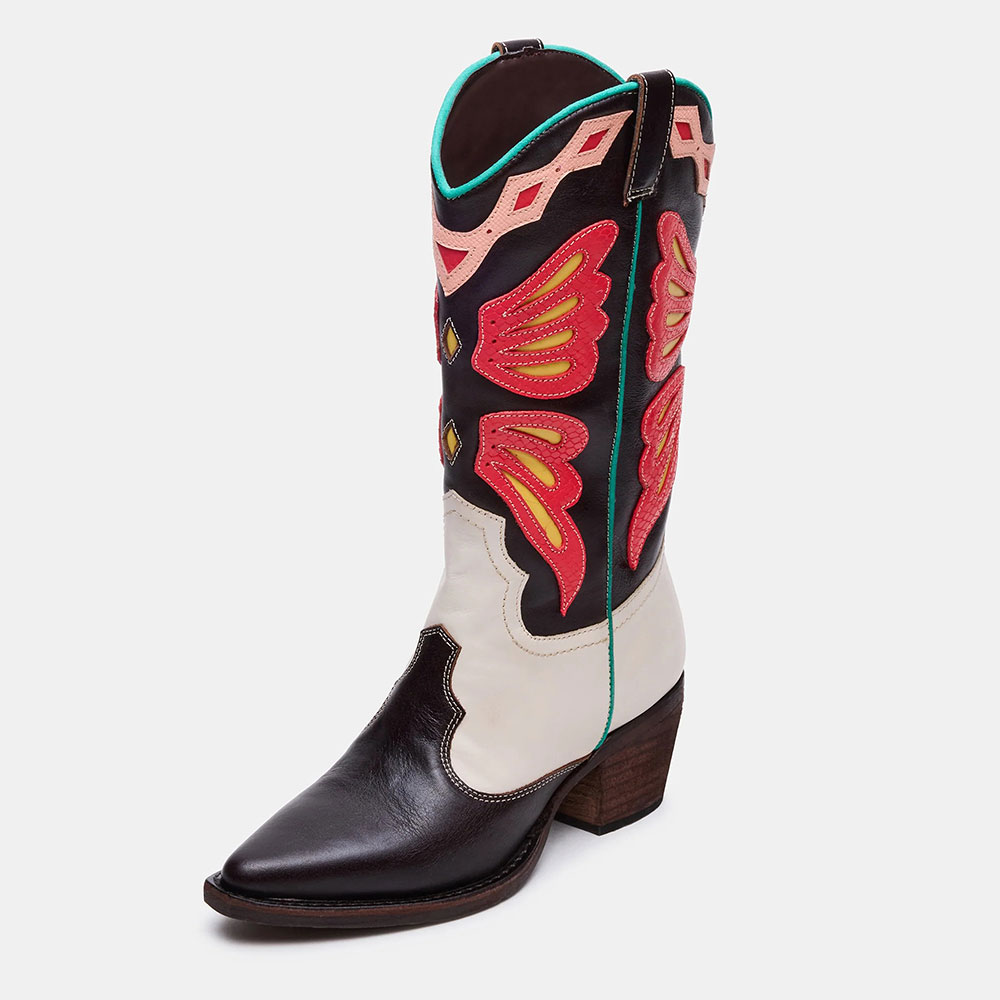 Multicolor Block Heel Butterfly Inlay Cowboy Boots for Women