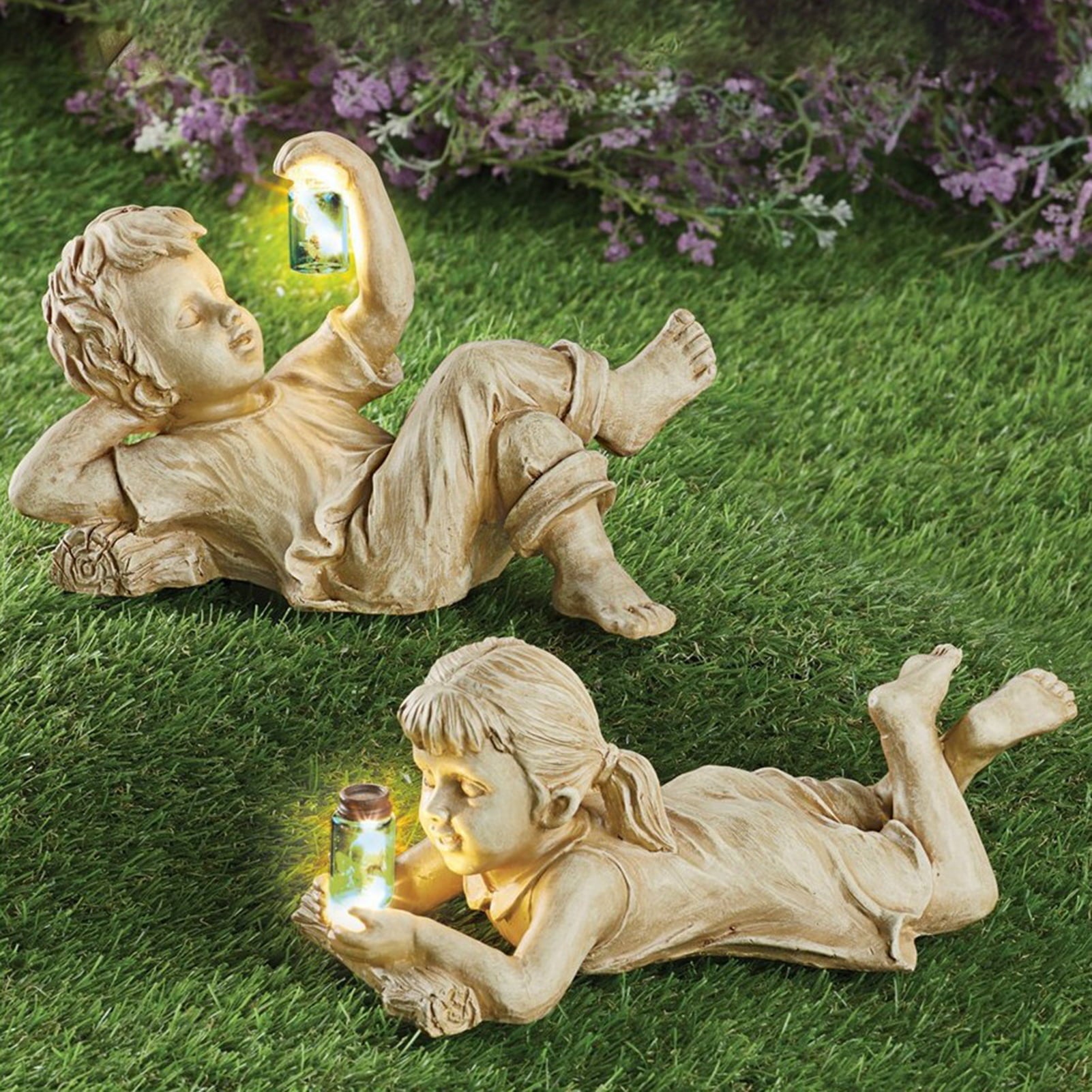 Boy & Girl Statue Solar Lighted Firefly Jar Light