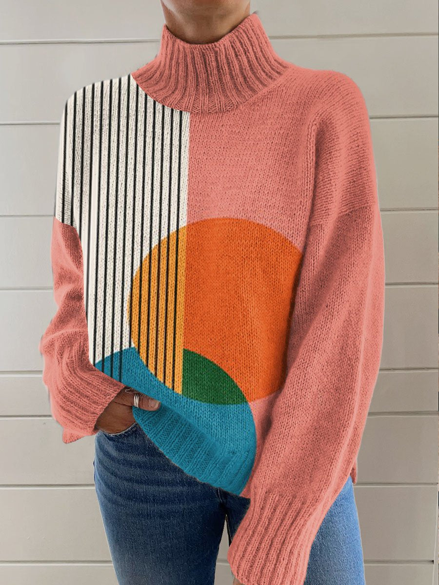 Abstract Geometric Art Print Knit Turtleneck Pullover Sweater