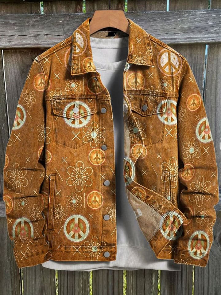 Vintage Hippie Peace Sign Print Casual Denim Jacket