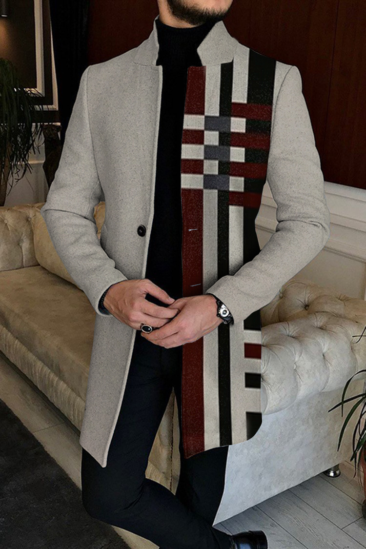 Men's Retro Simple Color Block Print Midi Coat