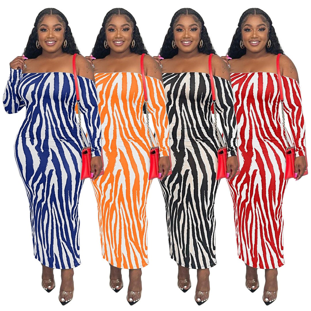 Women Fashion Sexy Off-Shoulder Zebra Print Long Sleeve Maxi Dress