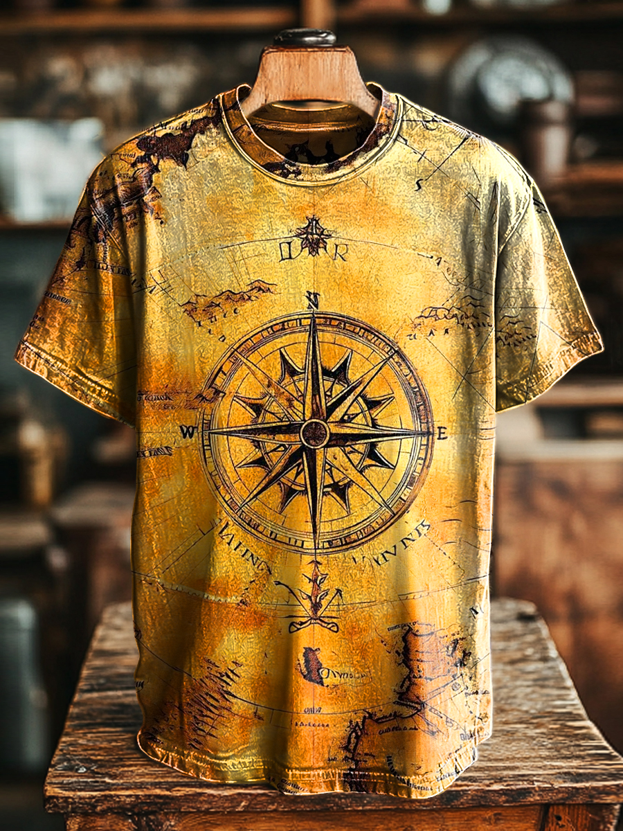 Unisex Vintage Aged Compass Print Casual Loose T-Shirt