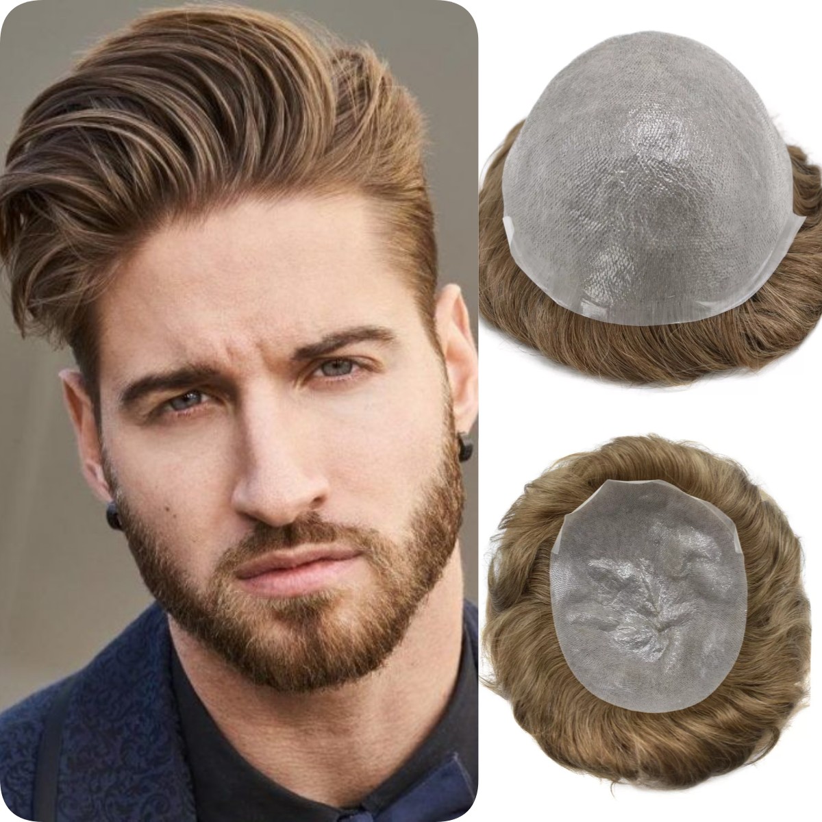 0.02-0.03mm Ultra Thin Skin Men's Hair Systems V-Loop Full PU Men ...