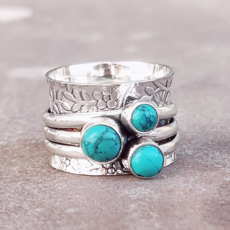 Bohemian Three Eyed Turquoise Hammer Pattern Ring – Quatrixo
