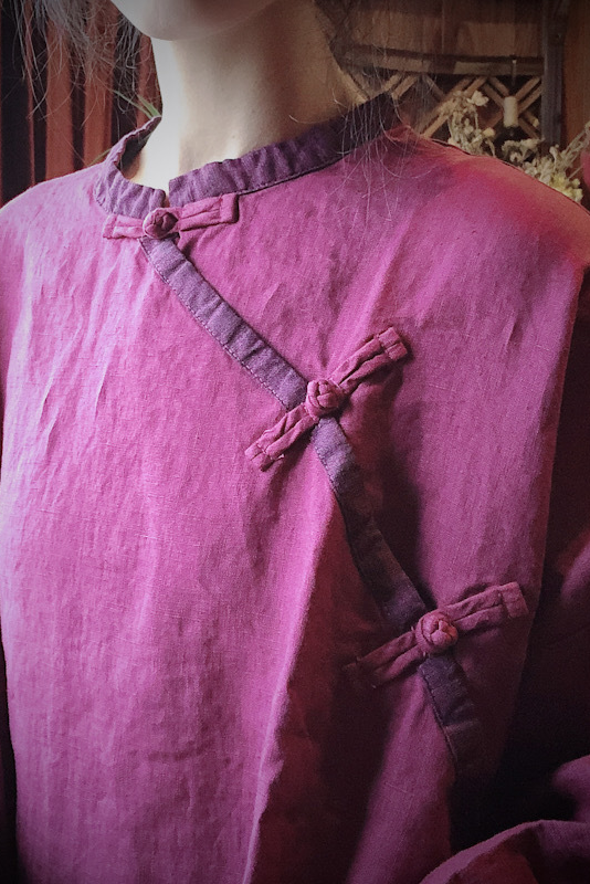 Rose Red Linen Distressed Contrasting Color Slanted Skirt Dress