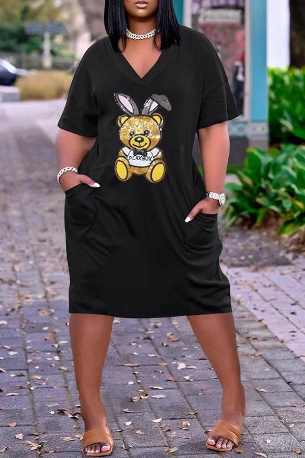 Sequined Cartoon Embroidery Pocket Midi Dress