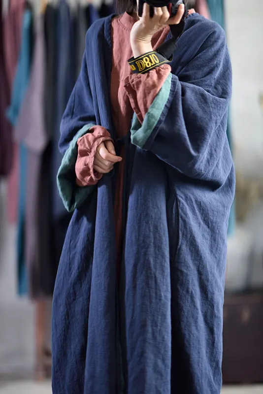 Plus Size-Fall Retro Cotton Linen Robe Blue Casual Coat